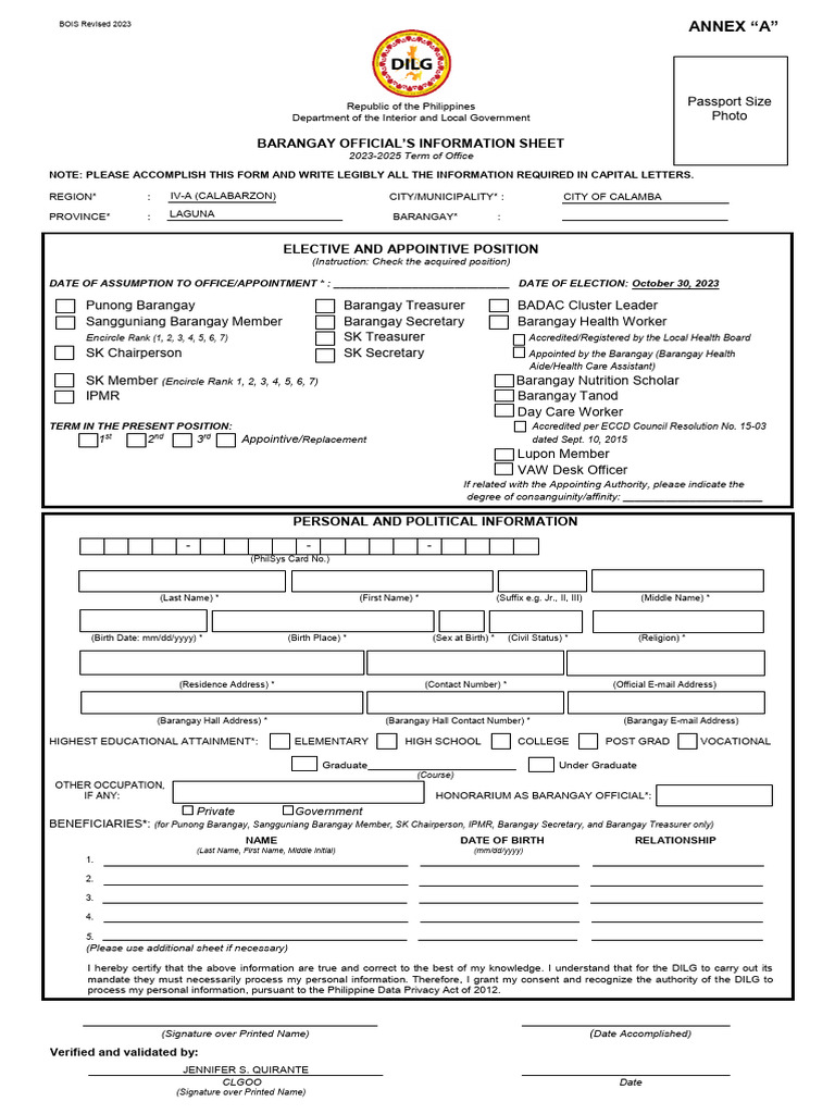 Annex A BOIS Form Revised 2023 - Edited | PDF