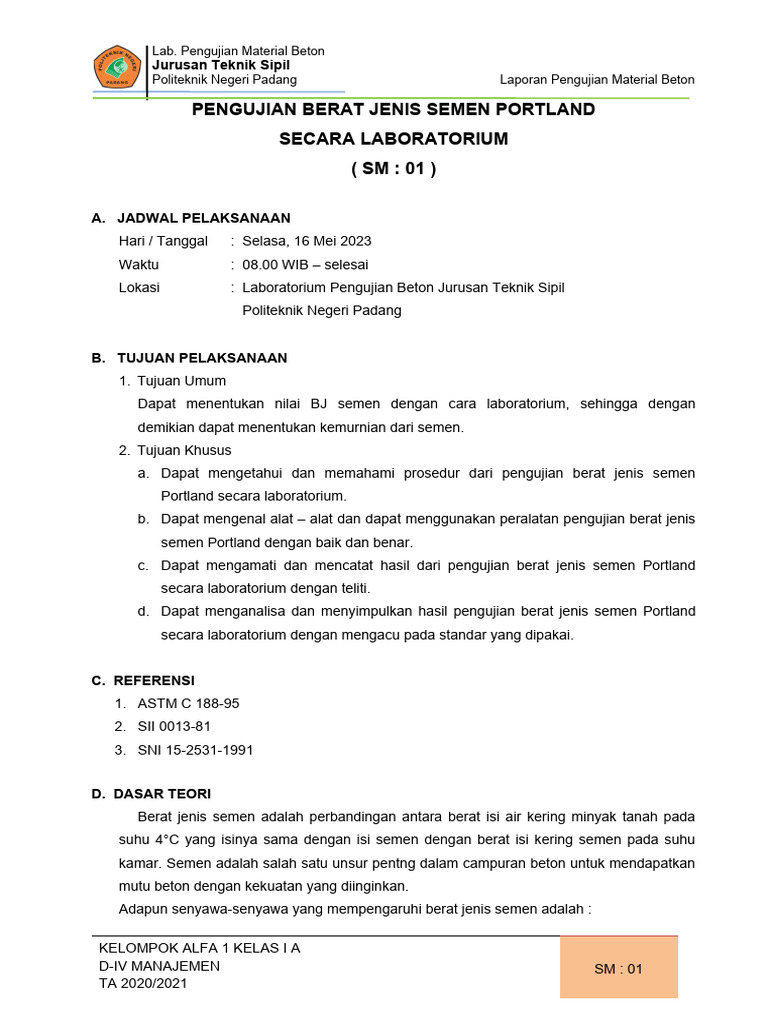 SM-01 Pengujian Berat Jenis Semen Secara Laboratorium | PDF