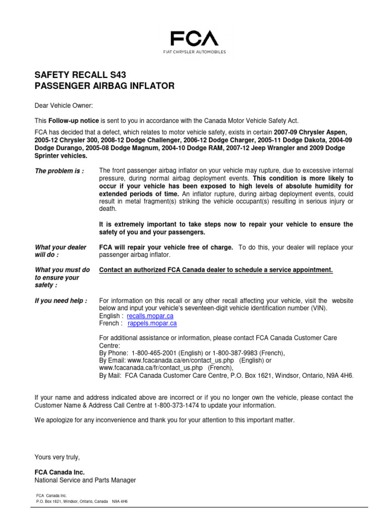 Safety Recall S43 Passenger Airbag Inflator: The Problem Is | PDF ...