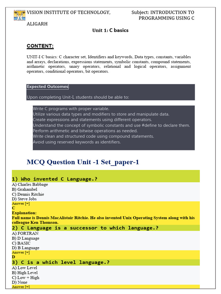 MCQ - UNIT-1 - C Programimg | PDF