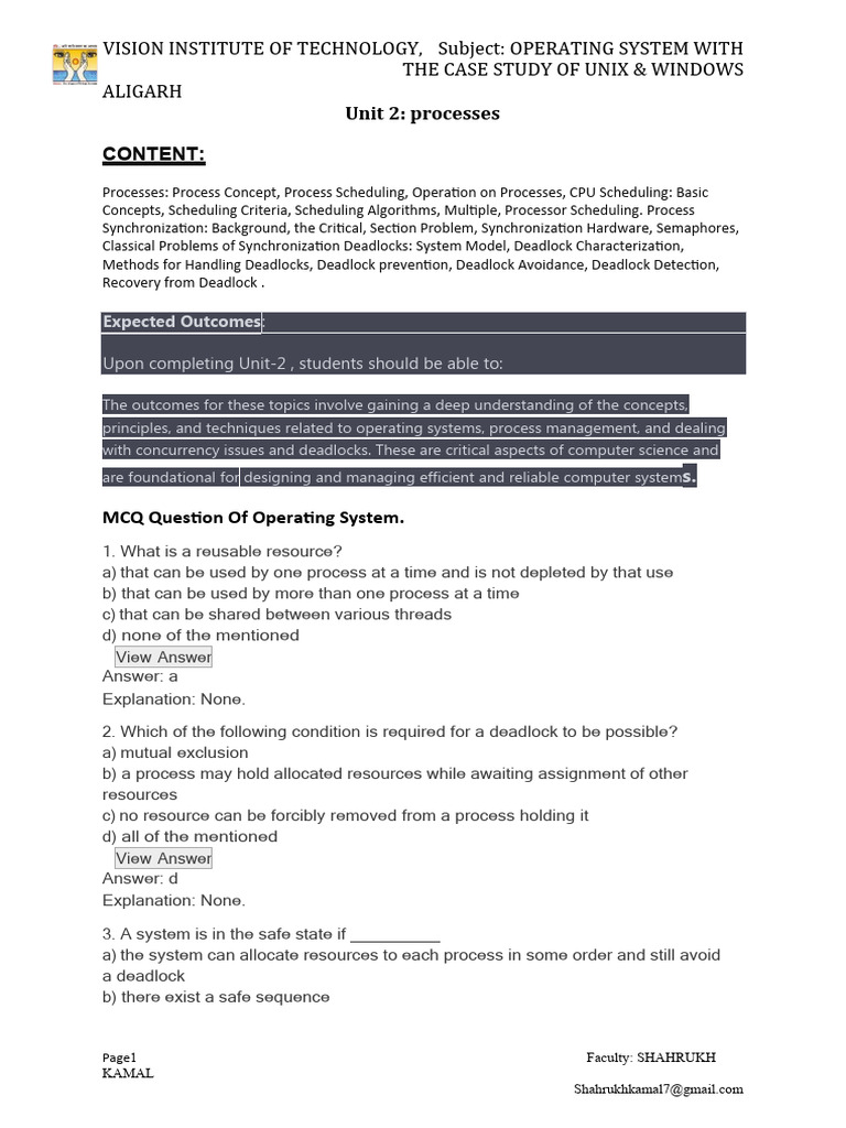 MCQ BCA 2 Year Unit-2 Operating System. | PDF | Scheduling (Computing) | Process (Computing)