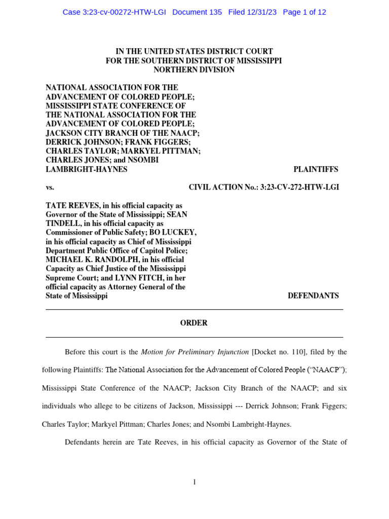 NAACP Reeves Denial Order | PDF | Standing (Law) | Lawsuit