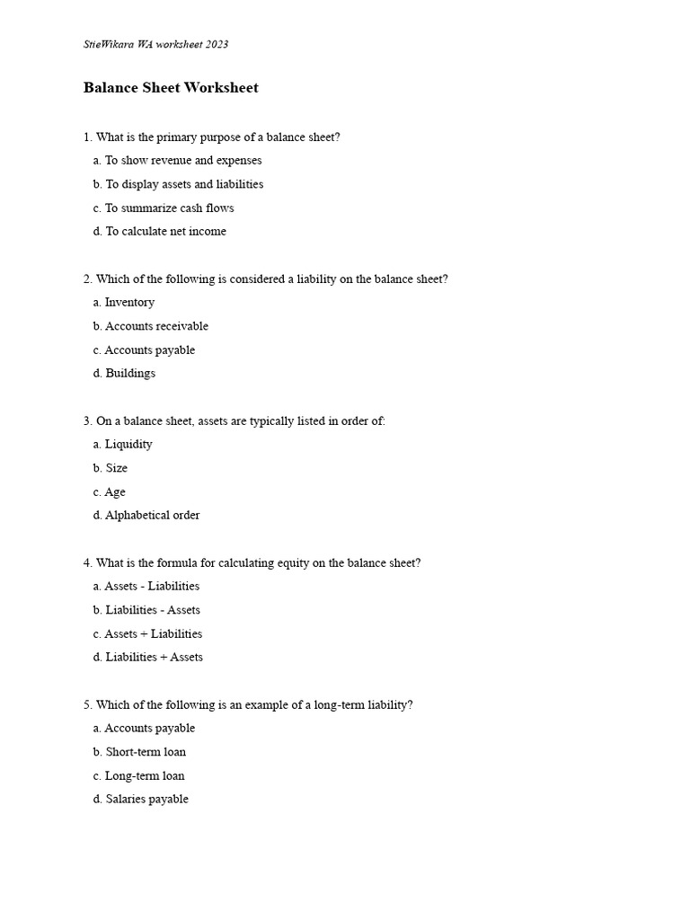 Balance Sheet Worksheet | Download Free PDF | Balance Sheet | Equity ...