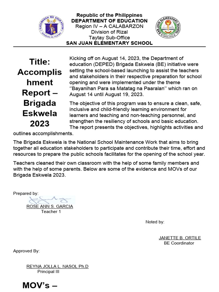Accomplishment Report Brigada Eskwela 2023. | PDF