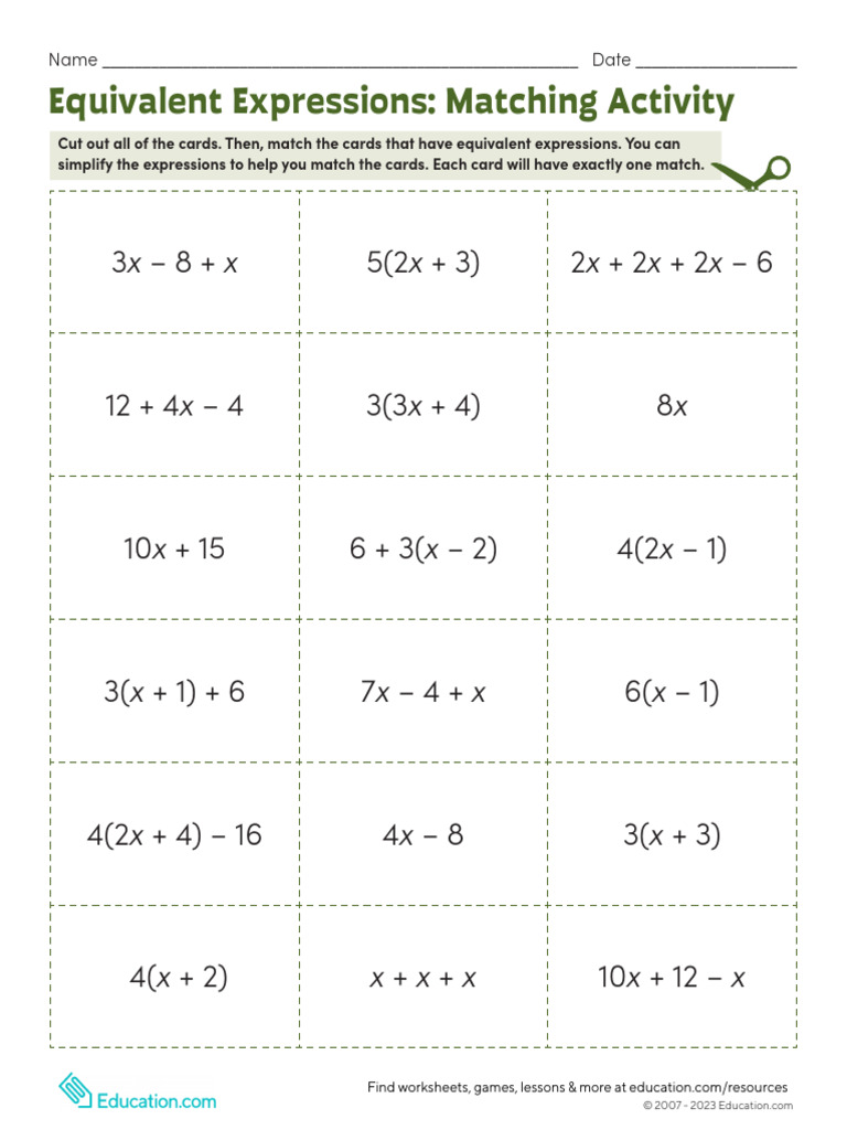 Equivalent Expressions Matching Activity | PDF