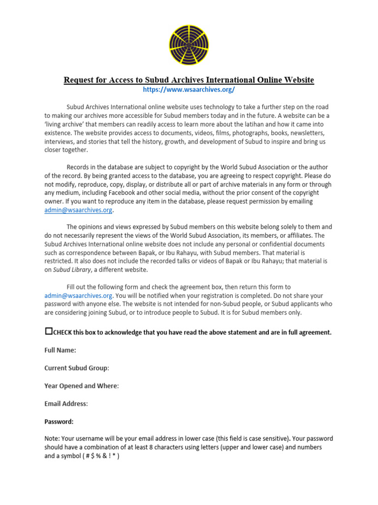 Request For Access To The Subud Archives International Online Website | PDF
