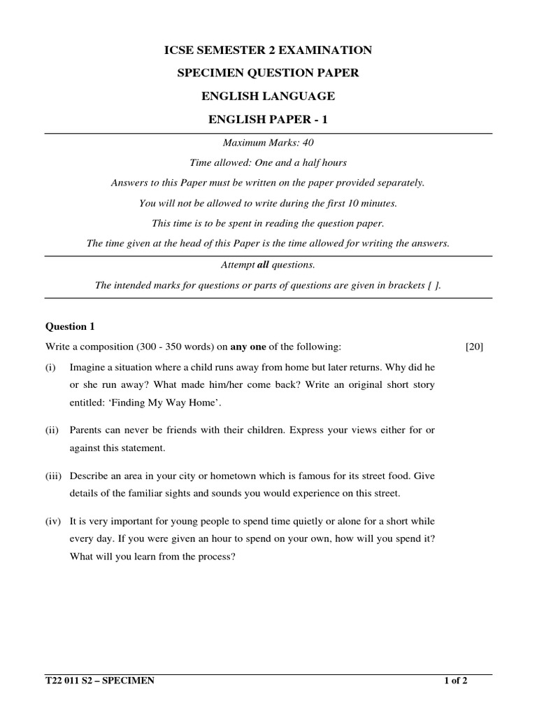 ICSE English Language Paper 1 Question Paper (Sem 2) 2022 | PDF
