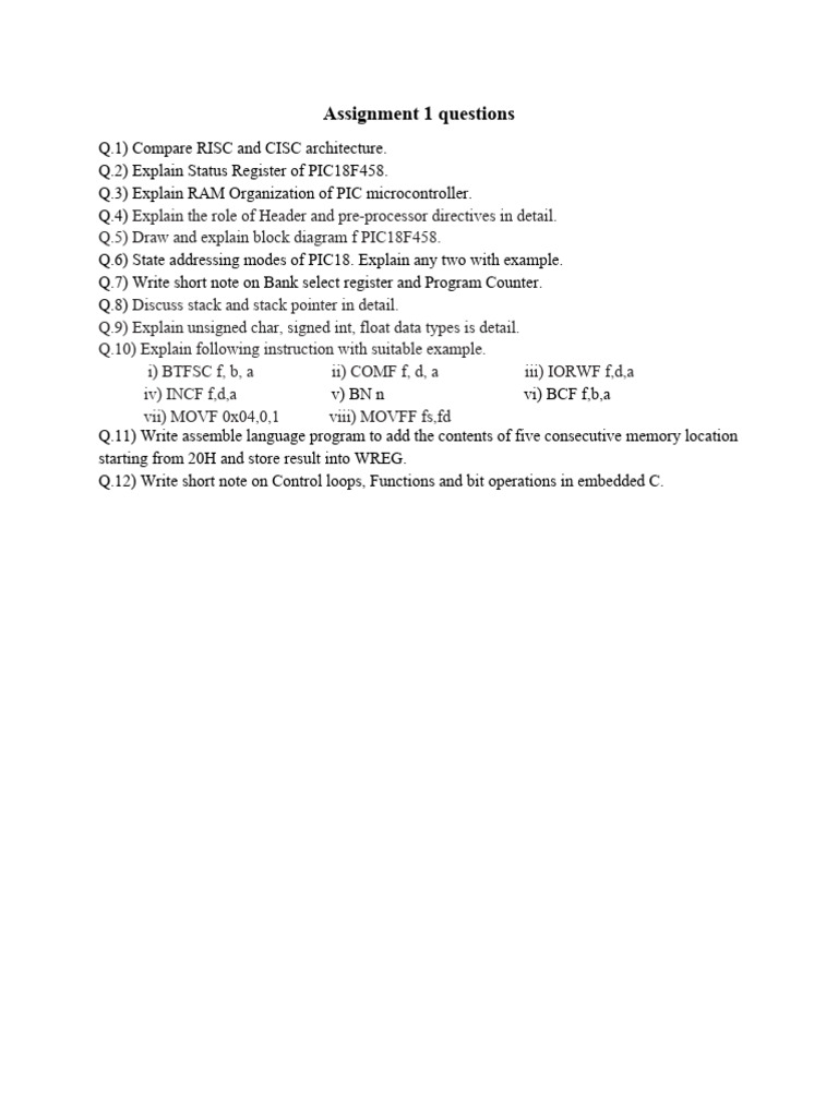 Assignment 1 Questions Pic Microcontroller | PDF Assignment 1 Questions Pic Microcontroller | PDF