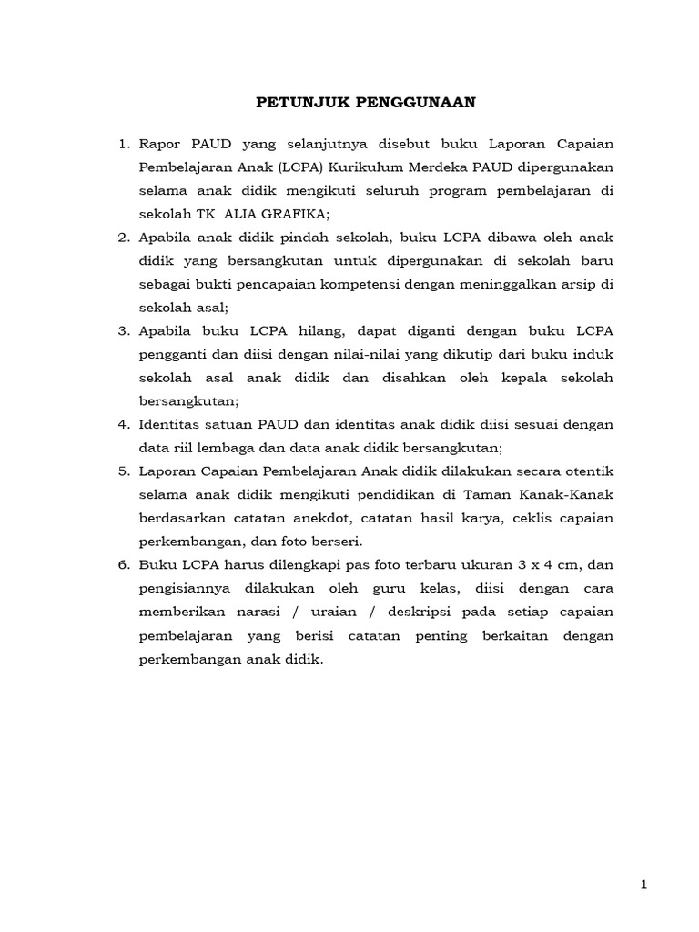 Rapor Paud Kurikulum Merdeka Contoh 1 Pdf