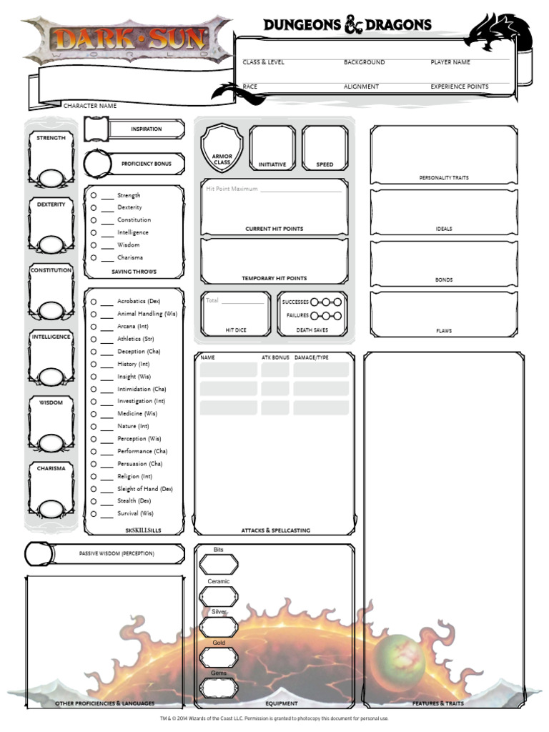 Dark Sun D&D 5E Character Sheet | PDF | Fantasy Role Playing Games ...