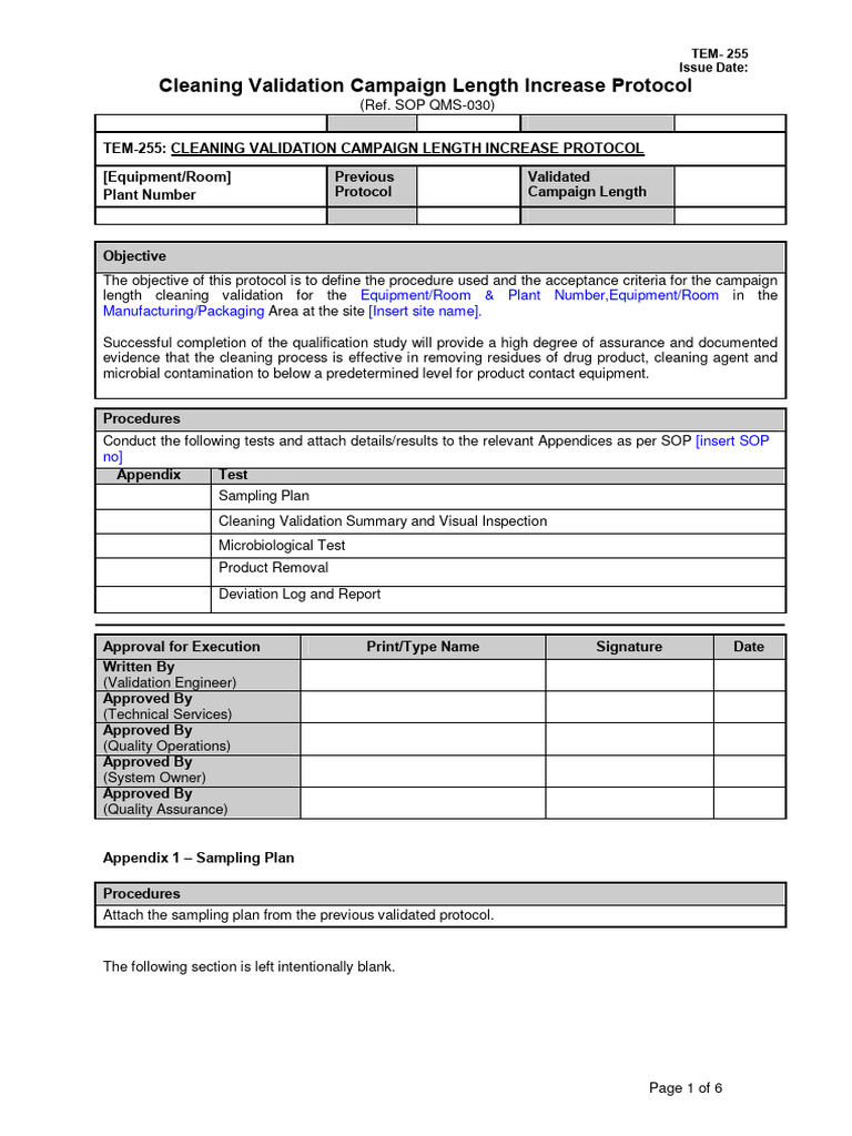 TEM 255 Cleaning Validation Camapign Length Increase Protocol Sample | PDF