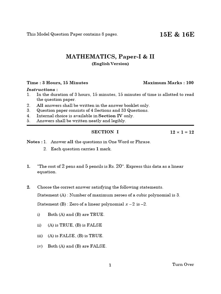 Mathematics Exam Model Paper | PDF | Trigonometric Functions | Mathematical Concepts