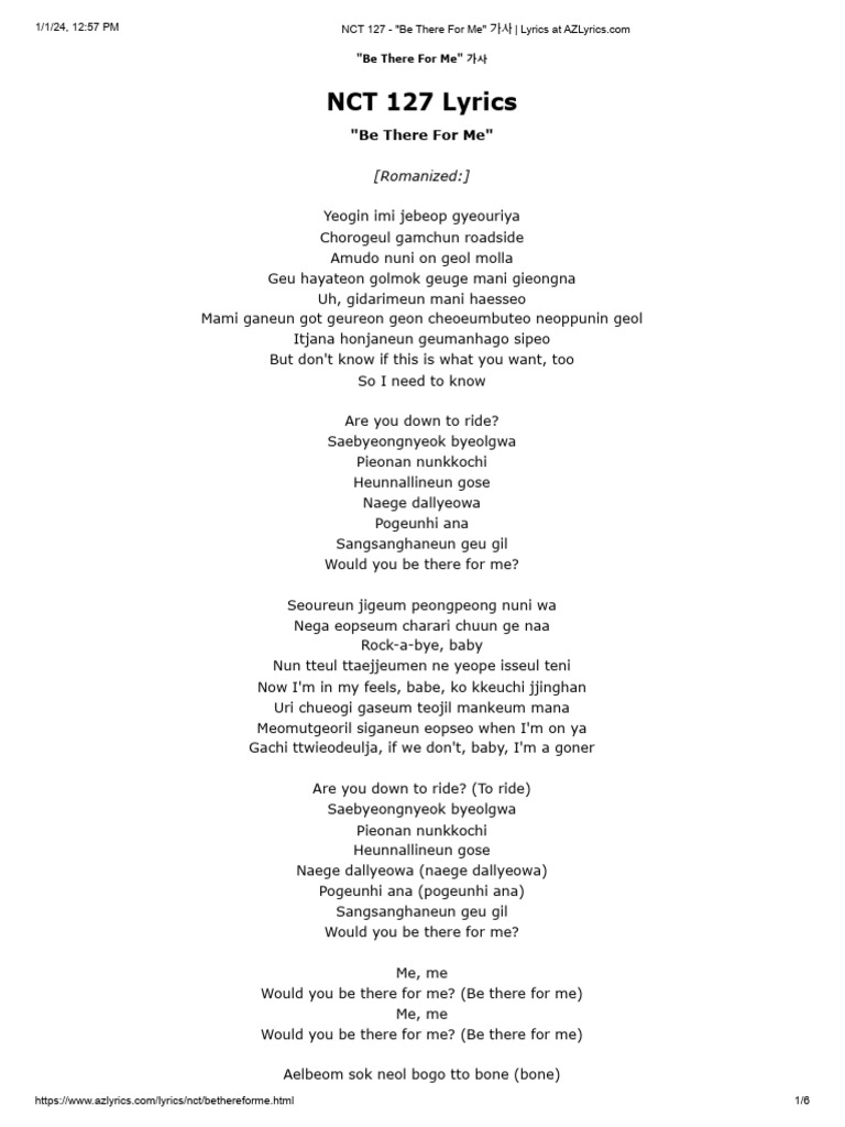 NCT 127 - - Be There For Me - 가사 - Lyrics at | PDF