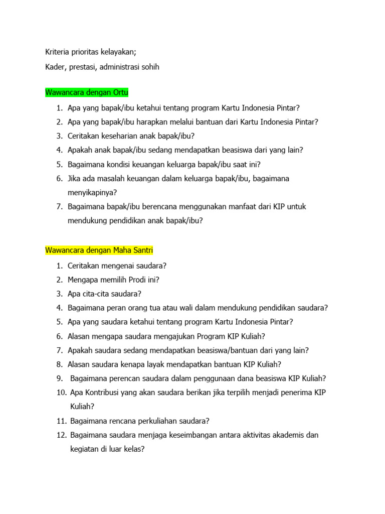 Draft Pertanyaan Wawancara Beasiswa KIP | PDF