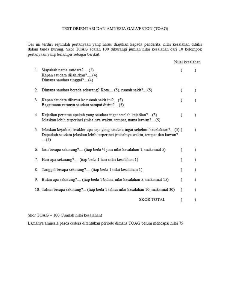 Test Orientasi Dan Amnesia Galveston Indonesia | PDF | Sains & Matematika