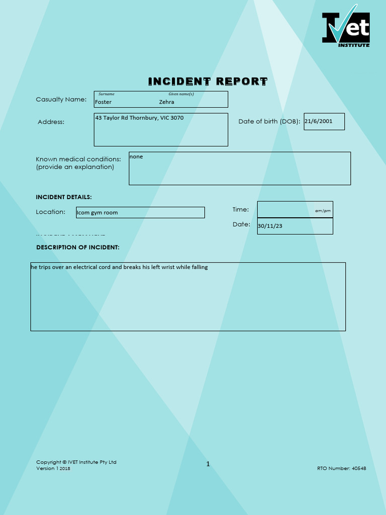 Hltaid011 Incident Report Form Updated | PDF | First Aid | Public Safety