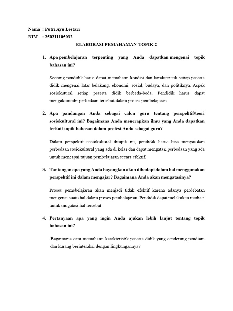 Putri Ayu Lestari - 250211105032 - Perspektif Sosiokultural - Topik 2 Elaborasi Pemahaman | PDF