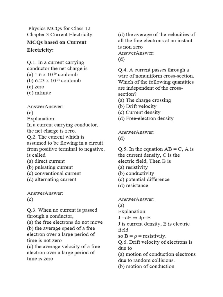 Physics MCQs For Class 12 With Answers Chapter 3 Current Electricity | PDF | Teaching Methods ...