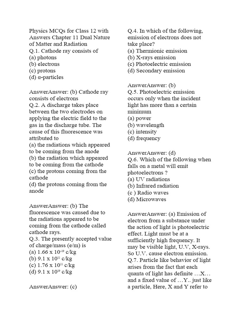 Physics MCQs For Class 12 CH 11 Dual Nature of Matter and Radiation | PDF | Photoelectric Effect ...