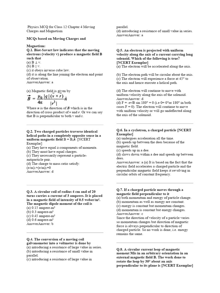 Physics MCQ For Class 12 Chapter 4 Moving Charges and Magnetism | PDF