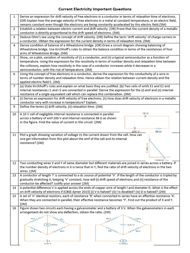 Current Electricity Imp Questions | PDF | Electrical Resistivity And Conductivity | Electrical ...