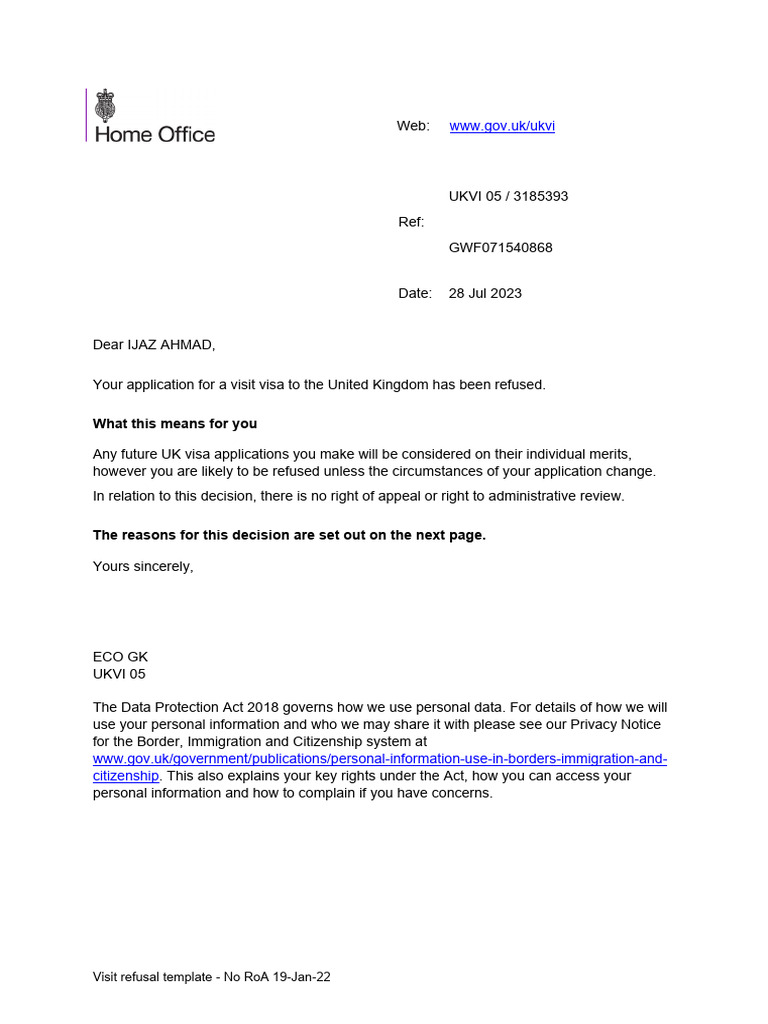 UK Visit Visa Refusal Notice | PDF | Finance & Money Management