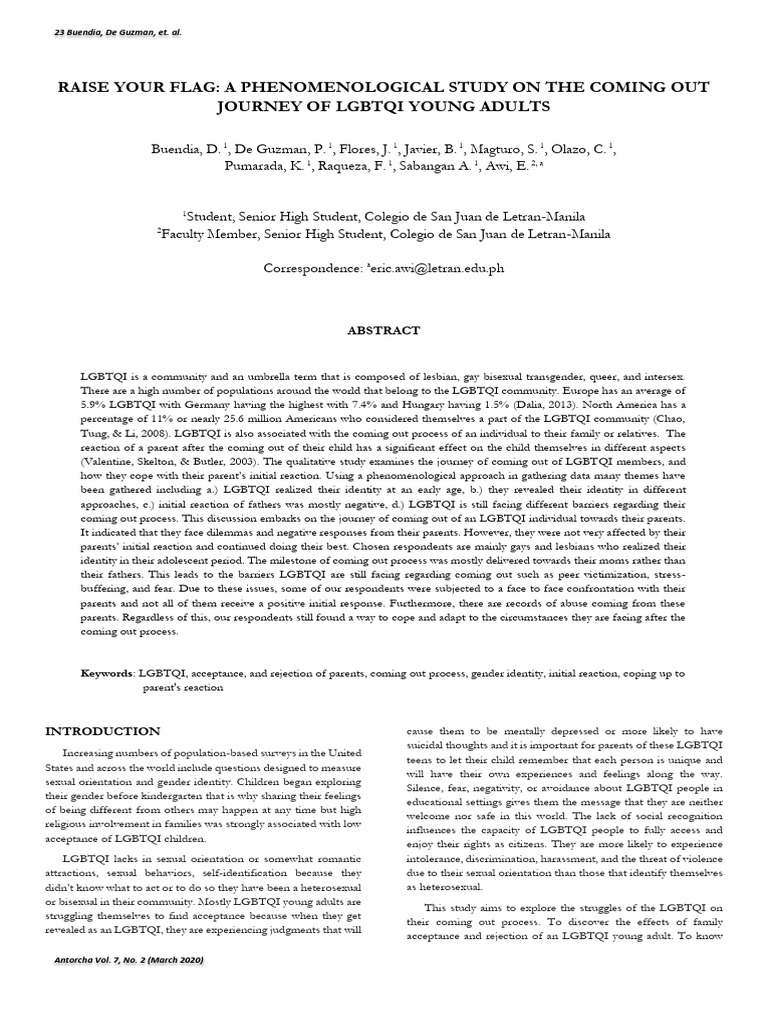 Raise Your Flag: A Phenomenological Study On The Coming Out Journey of Lgbtqi Young Adults | PDF ...