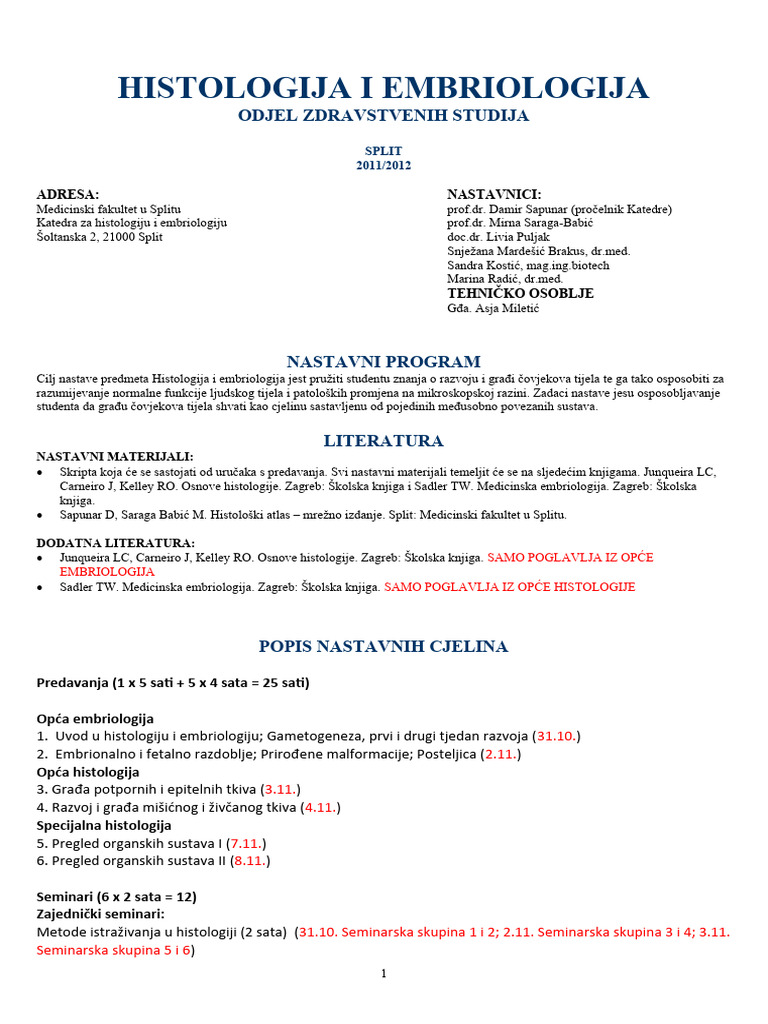 PP - Histologija I Embriologija 2011 - 12 | PDF