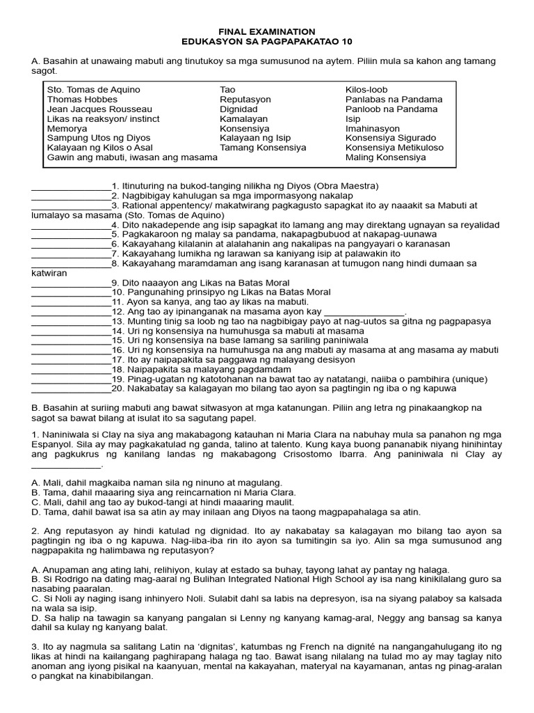 BADEO EsP 10 Final Exam | PDF