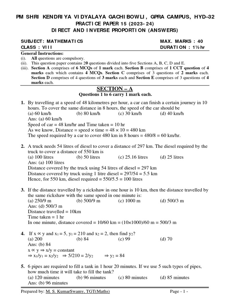 Class 8 Direct and Inverse Proportion Test | PDF | Speed | Metrology