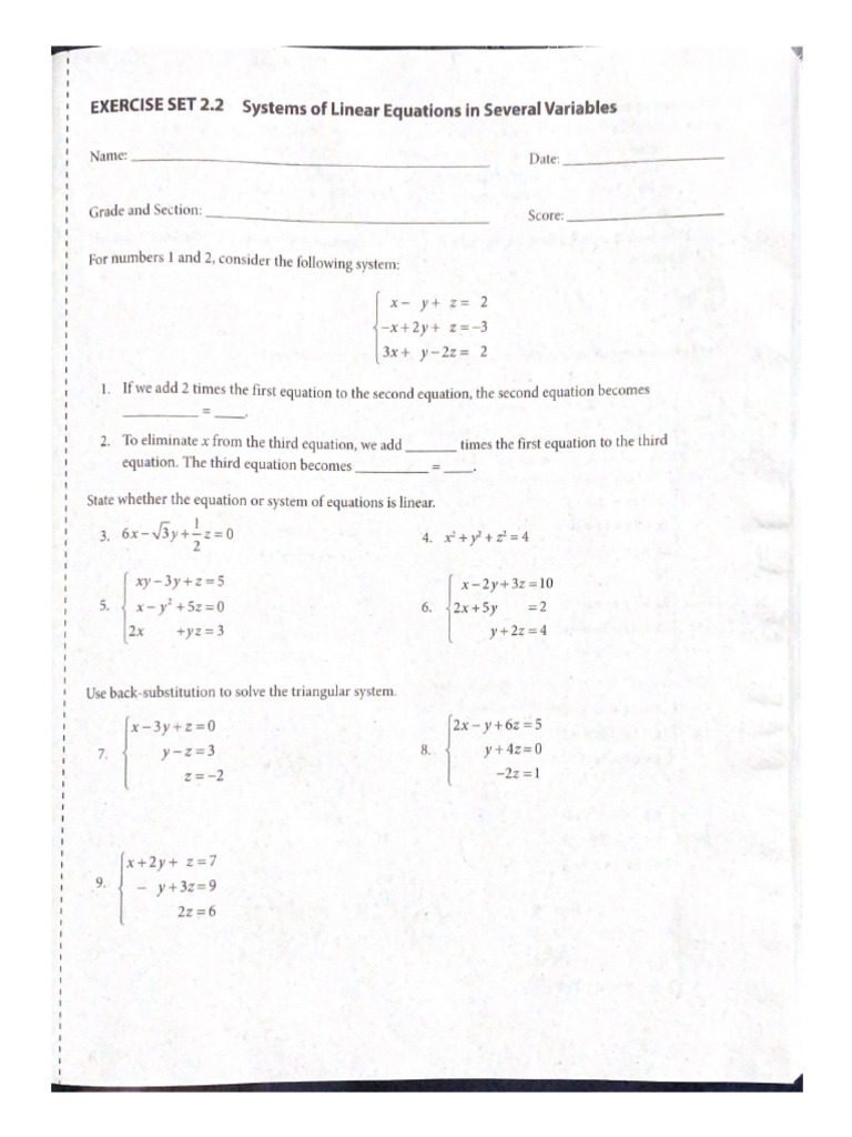 Problem Set No. 7 Systems of Linear Equations in Several Variables | PDF