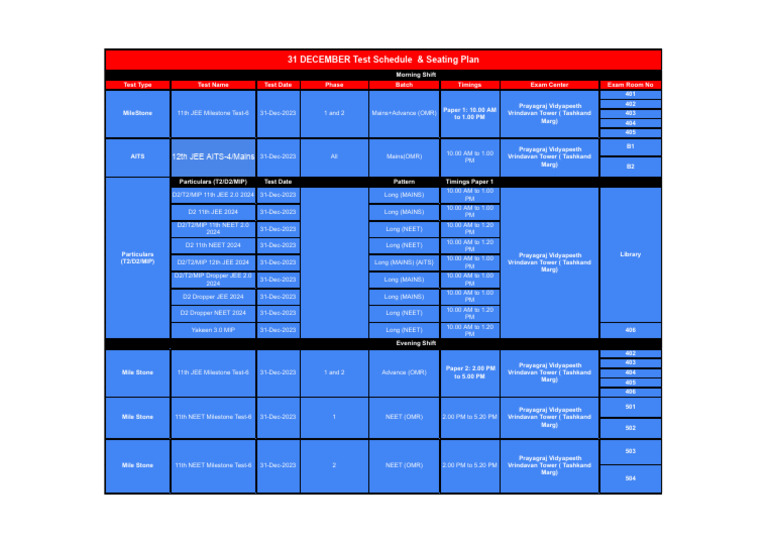 Reminder Test & Seating Plan For 31-12-2023 | PDF