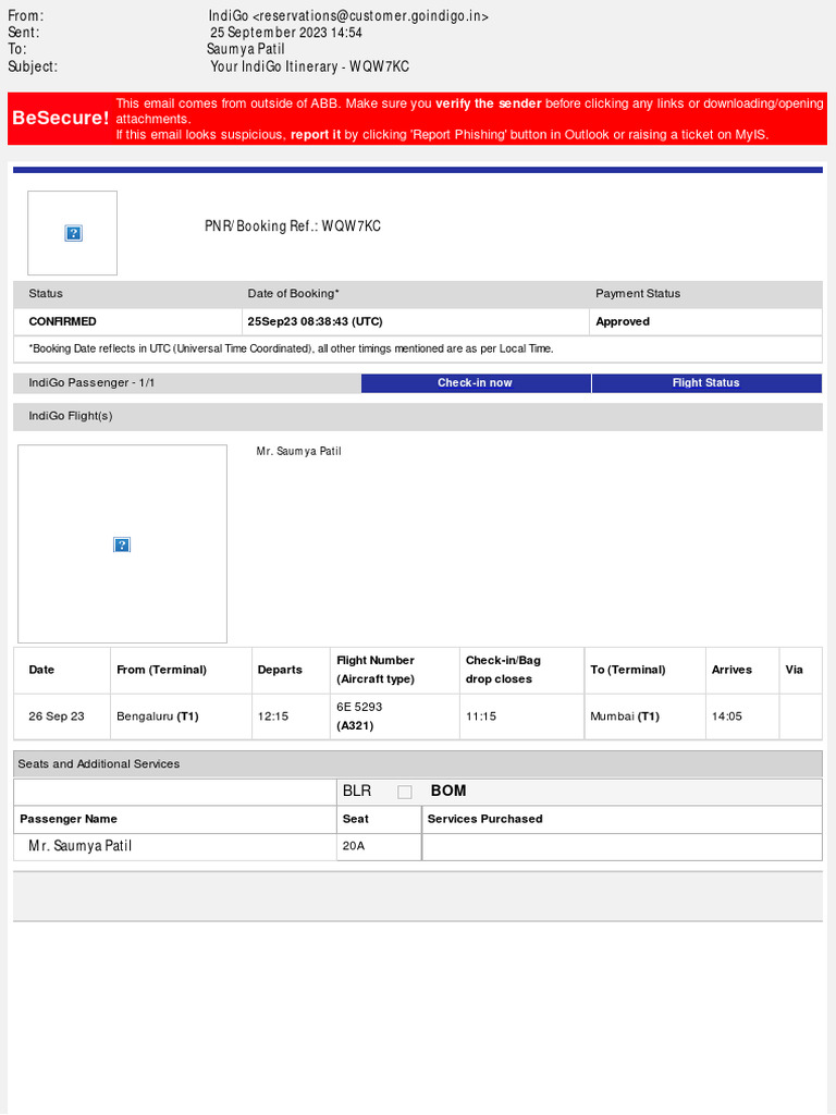 Your IndiGo Itinerary WQW7KC | PDF | Airport