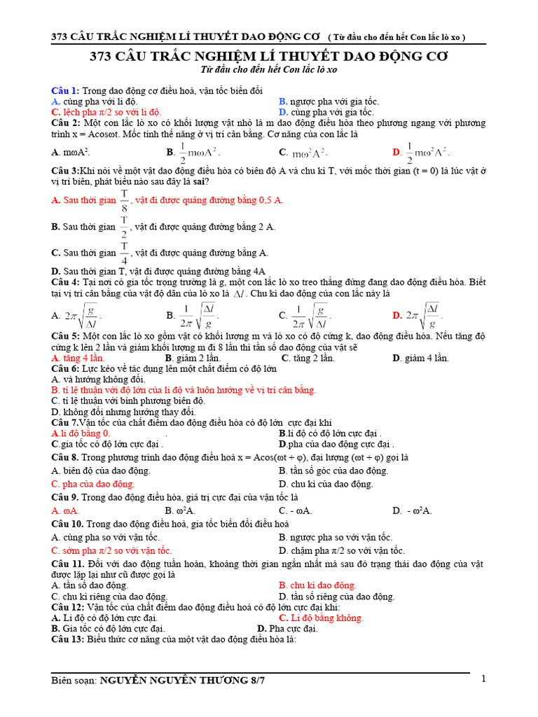 373 Cau Trac Nghiem Li Thuyet DAO DONG CO Tu Dau Cho Den Het Con Lac Lo ...
