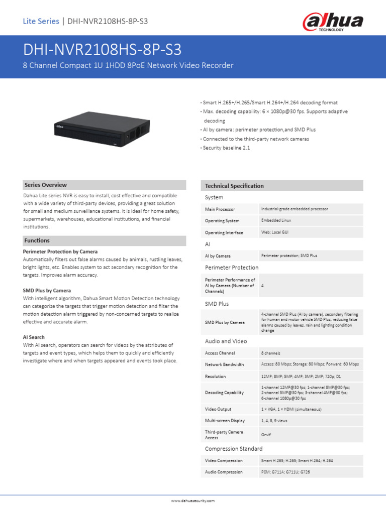 Dhi-Nvr2108Hs-8P-S3: 8 Channel Compact 1U 1Hdd 8poe Network Video ...