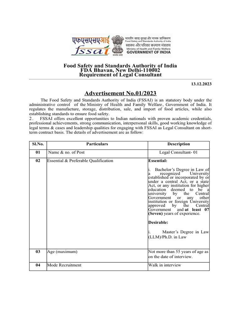 FSSAI Seeks Legal Consultant | PDF | Academic Degree | Food Safety