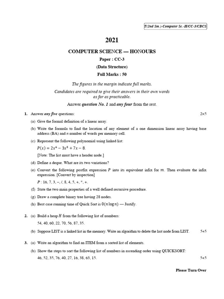 Cu 2021 B Sc Honours Computer Science Semester Ii Paper Cc 3 Qp