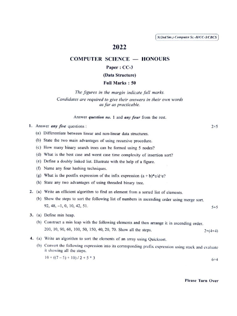 Cu 2022 B Sc Honours Computer Science Semester 2 Paper Cc 3 Qp Pdf