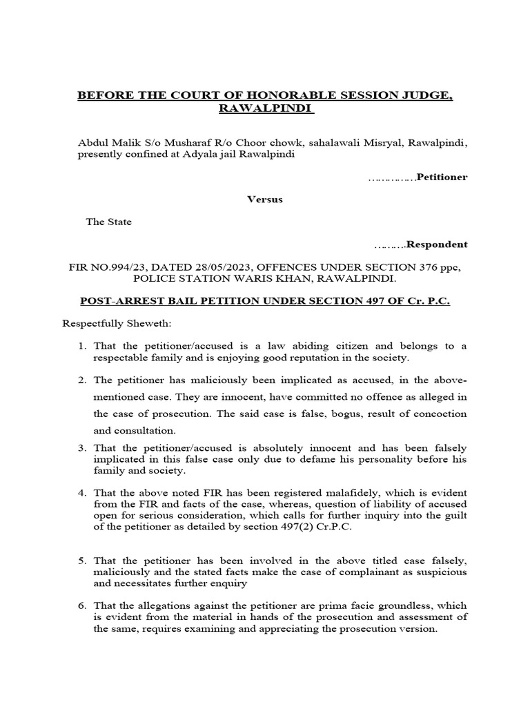 Post-Arrest Bail Petition for 376 PPC | PDF