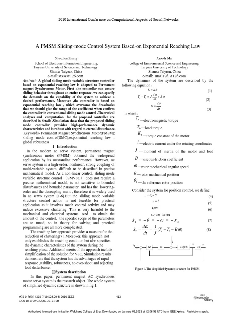 A Pmsm Sliding Mode Control System Based On Exponential Reaching Law Pdf