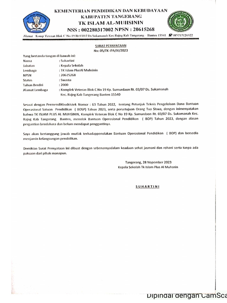 Surat Pernyataan Penolakan Bosp TK Al Plus Al Muhsinin | PDF