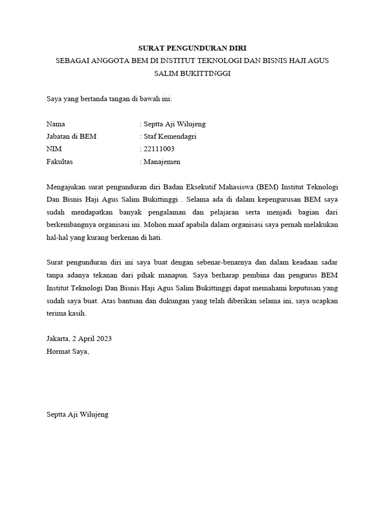 612 - Contoh Surat Pengunduran Diri Dari Organisasi BEM | PDF