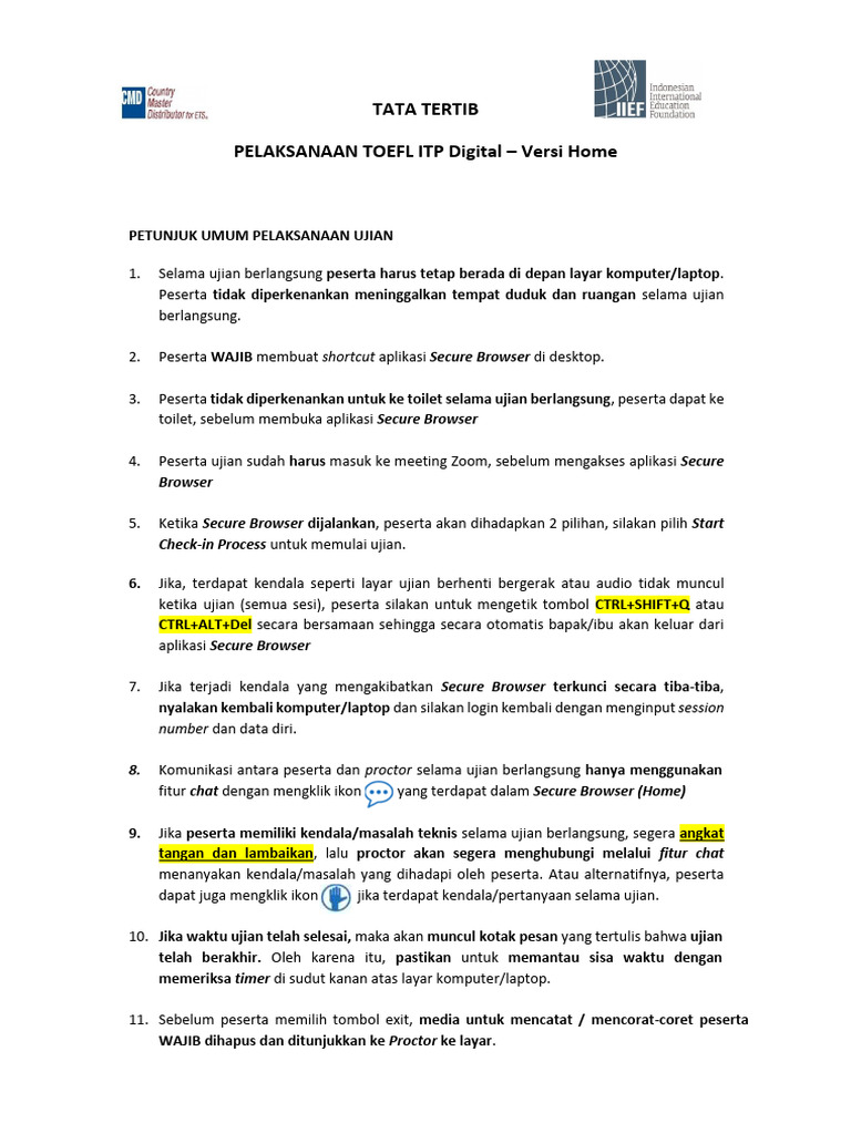 01 Tata Tertib Pelaksanaan TOEFL Itp Digital 2022 | PDF