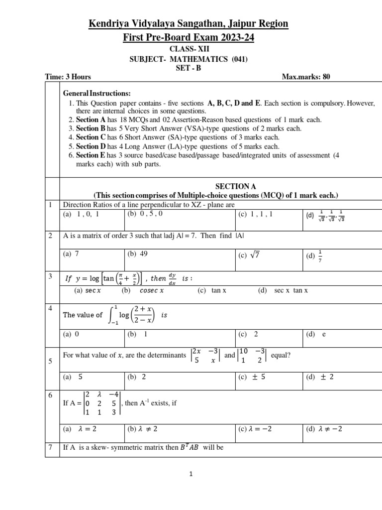 Set B Xii Maths Pb-1 QP | PDF