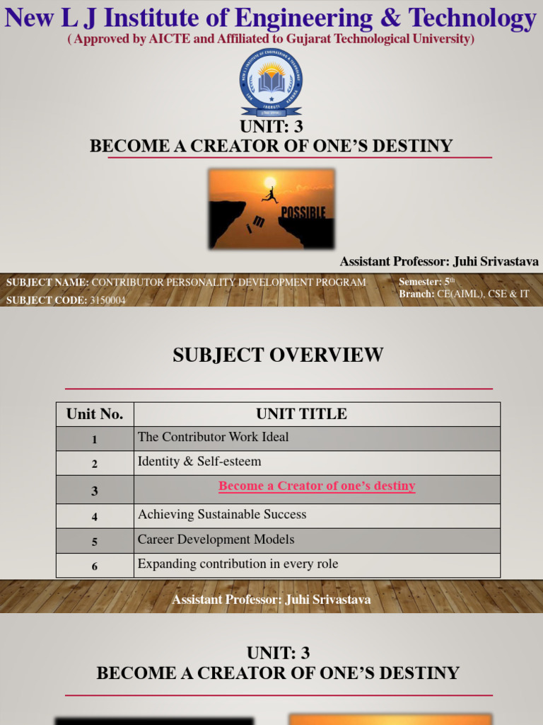 Unit - 3 Become A Creator of One's Destiny | PDF
