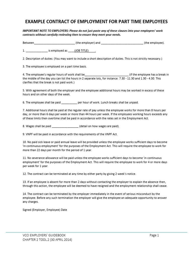Tool 2 Example Part Time Staff Employment Contract | PDF