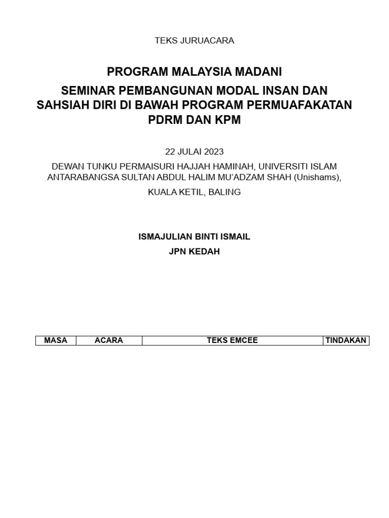 Teks Emcee Program Malaysia Madani Unishams Full | PDF