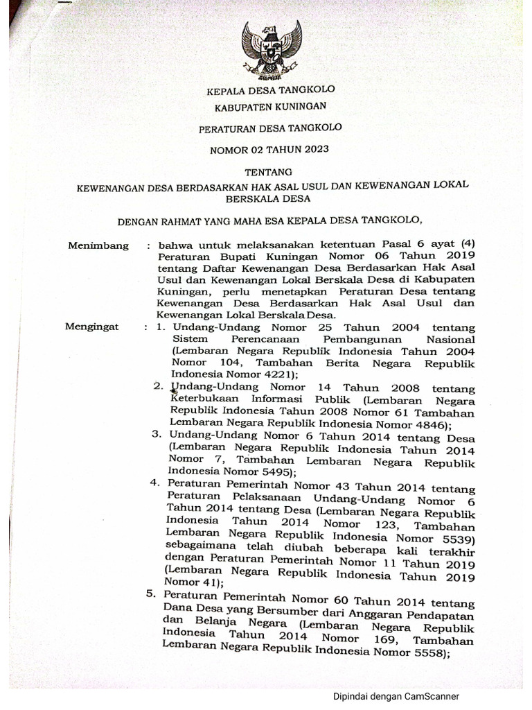 Peraturan Desa Tangkolo Kec Subang Nomor 2 Tahun 2023 | PDF