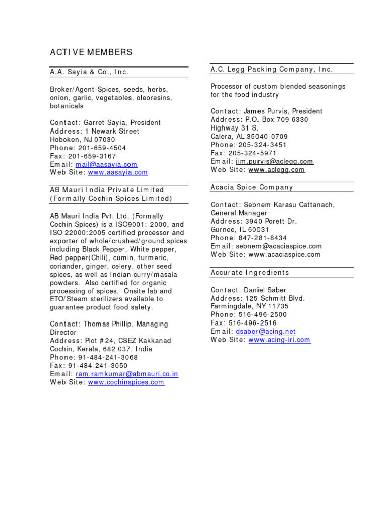 Spice Industry Contact Directory | PDF
