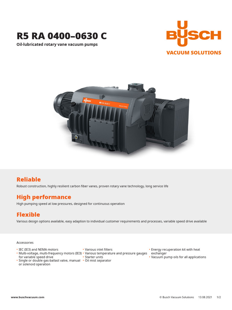 Busch R5 RA 0630 Vacuum Pump Specs | PDF | Pump | Vacuum